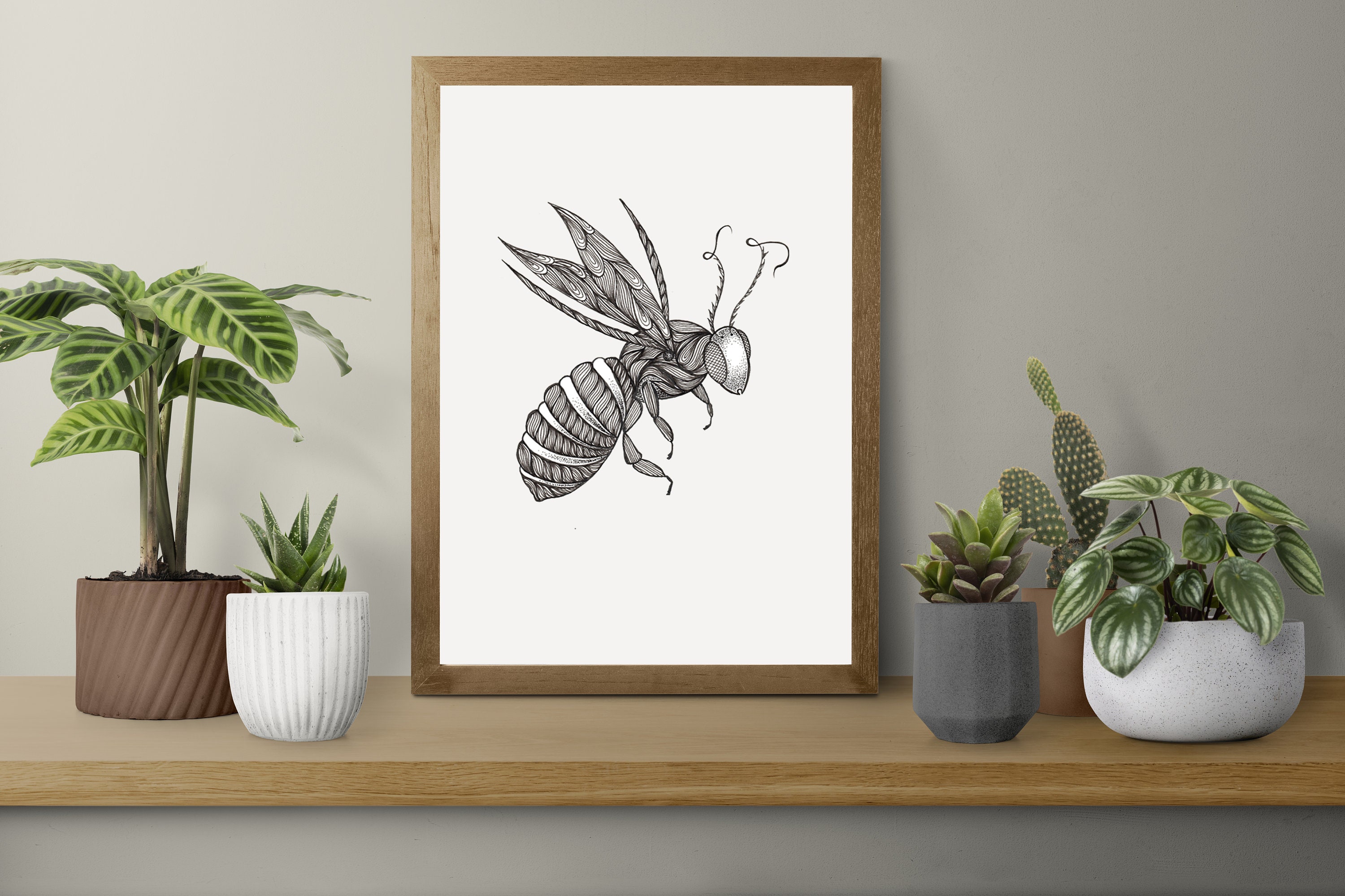 Flying Bee Line Art, Black and White Modern Surreal Drawing, Intricate ...
