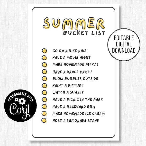 Editable Summer Bucket List Printable for Kids, Personalized Summer ...