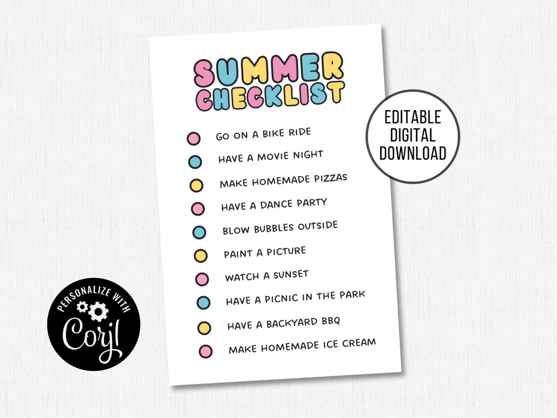 Editable Summer Bucket List Printable for Kids, Personalized Summer ...