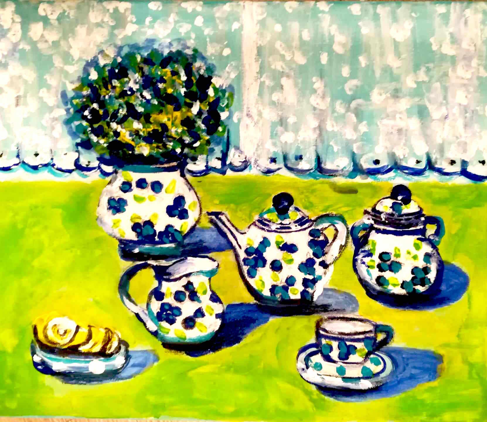 Tea Party Painting Morning Tea Teapot Sugar Bowl Lemon Flowers - Etsy