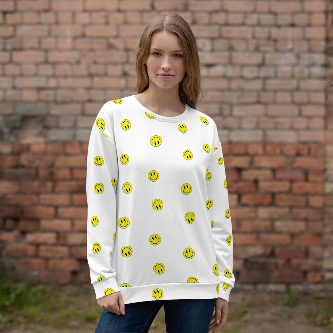 90s Yellow Smiley Face Print Unisex Sweatshirt - Phoebe Buffay Friends ...