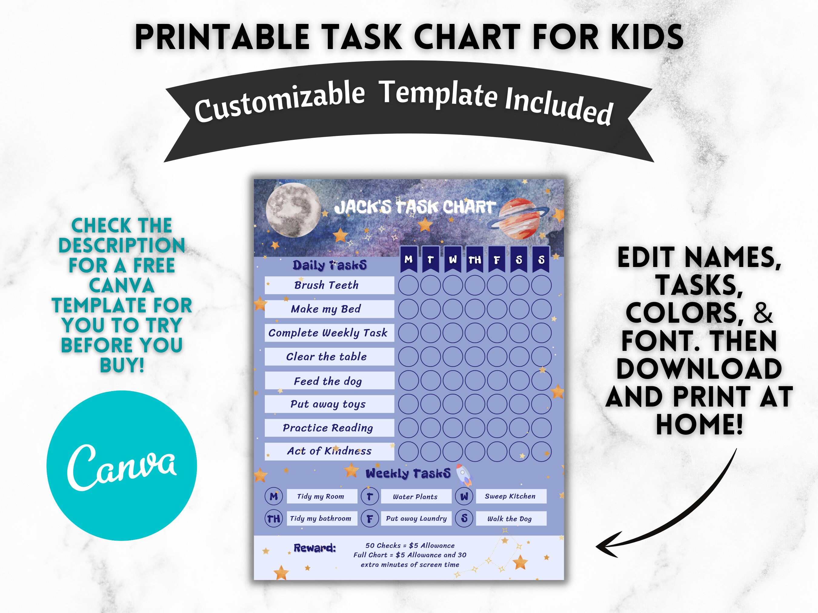 Editable Space Chore Chart Printable Space Task Chart - Etsy México