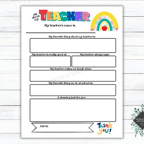 All About My Teacher Teacher Appreciation Week Printable - Etsy