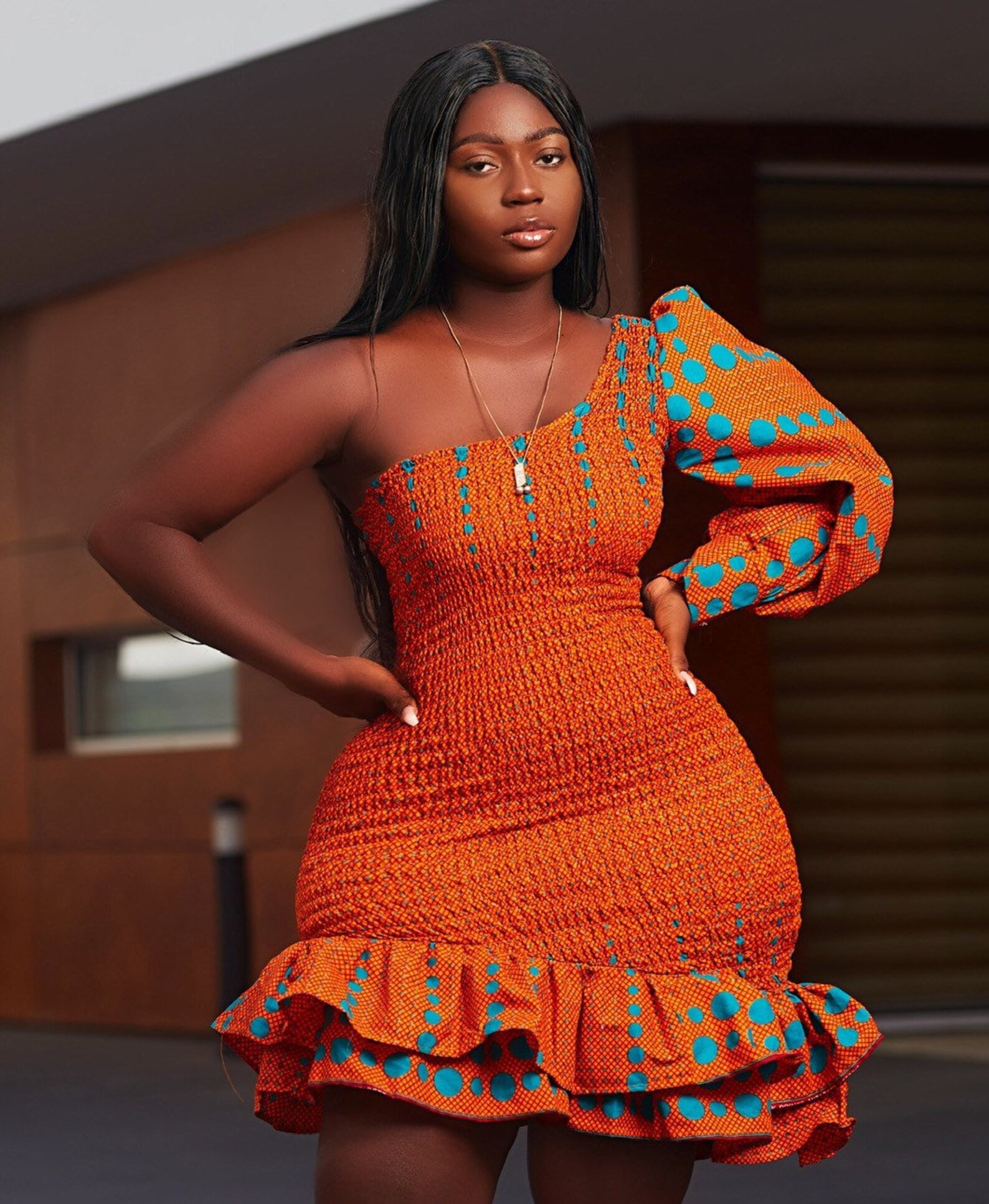 African Midi Dress Long Sleeves One Shoulder African Clothing for Women ...