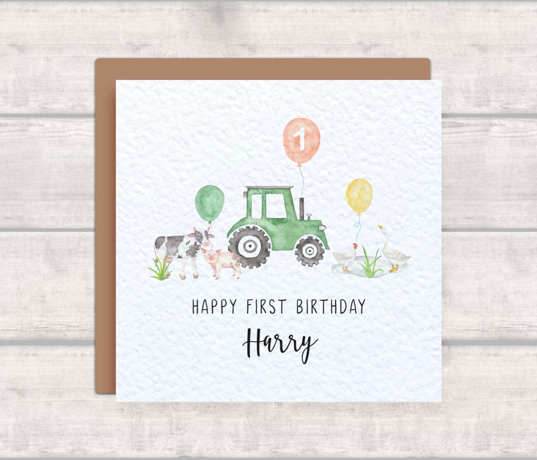 Personalised 1st Birthday Tractor Card With Farm Animals - Happy First ...
