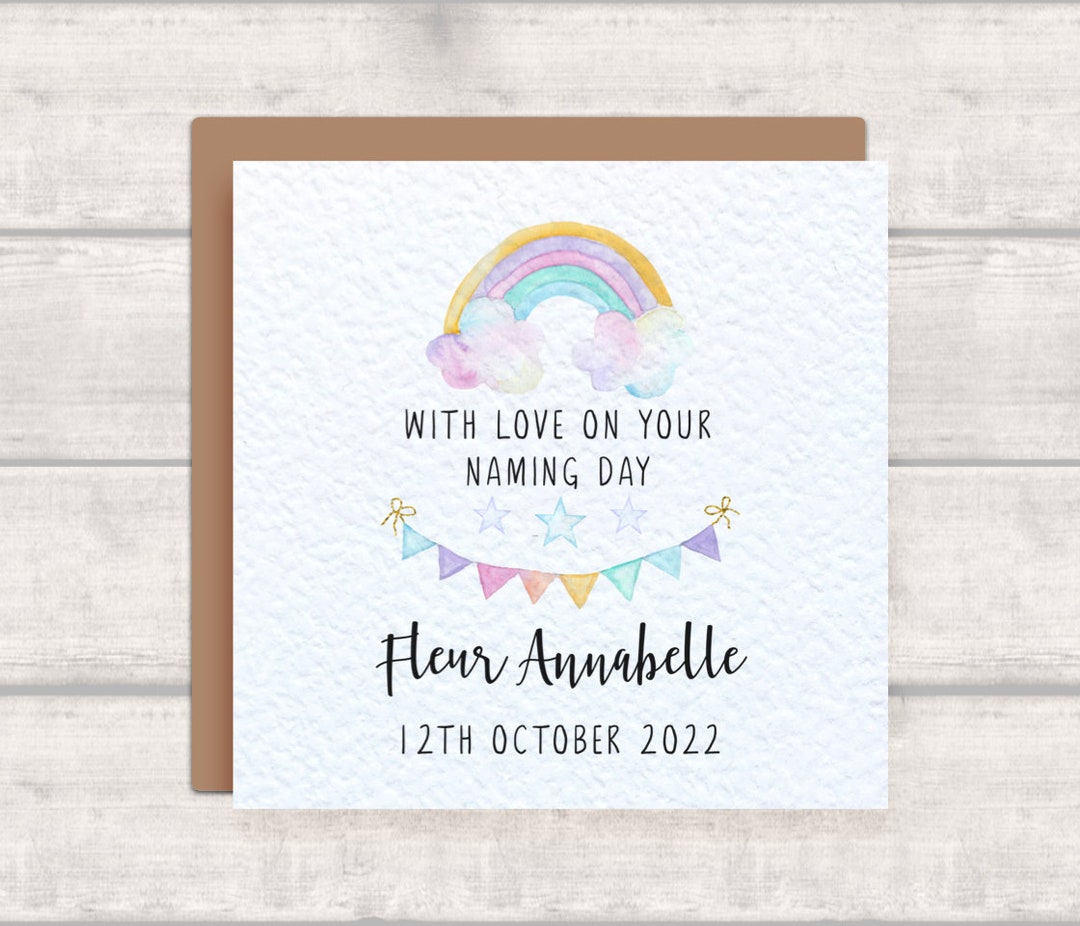 Personalised Naming Day Card With Watercolour Rainbow Design - Pretty ...