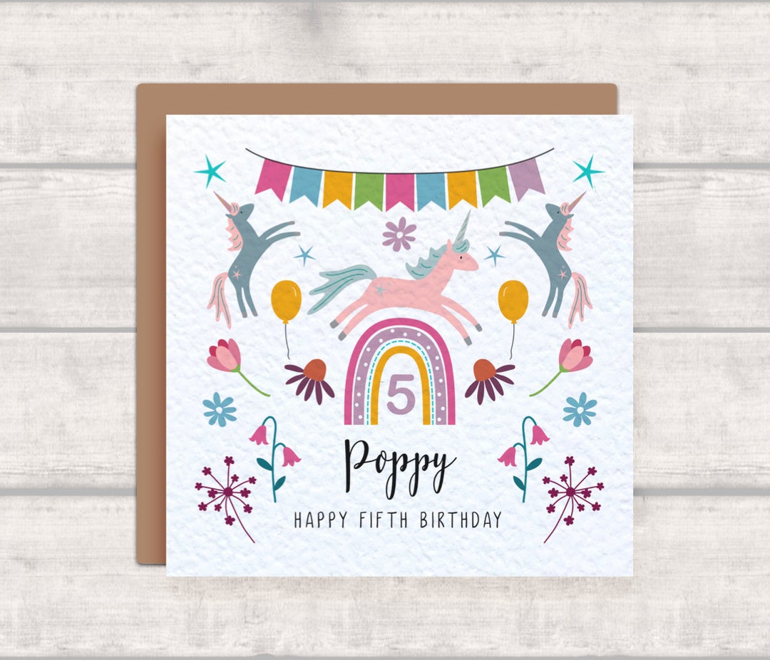 Unicorn 5th Birthday Card Personalised With Name Rainbow and - Etsy