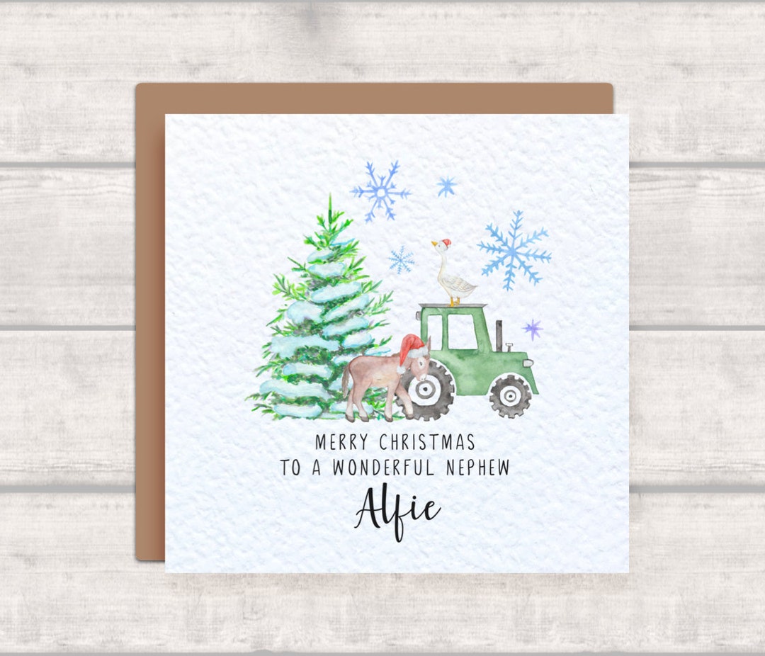 Personalised Tractor Christmas Card for Nephew Tractor and Farm Animals ...