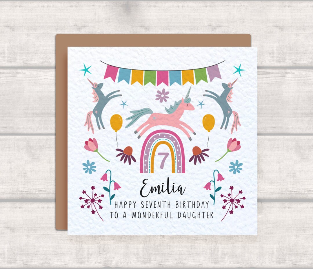 DAUGHTER 7th Birthday Unicorn Card, Personalised With Child's Name ...