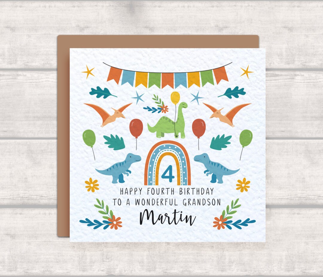 Personalised GRANDSON Dinosaur 4th Birthday Card Happy Fourth Birthday ...