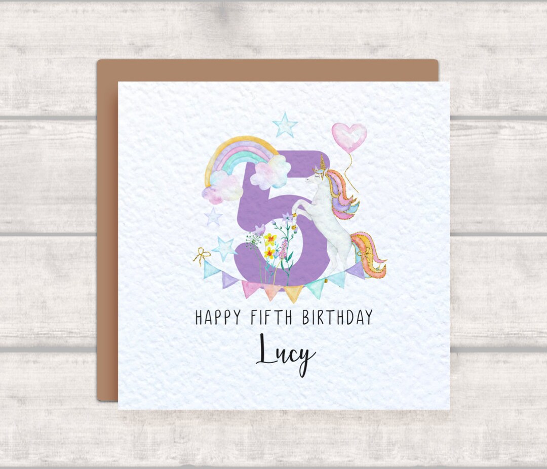 Personalised Unicorn 5th Birthday Card With Rainbow and Bunting - Happy ...