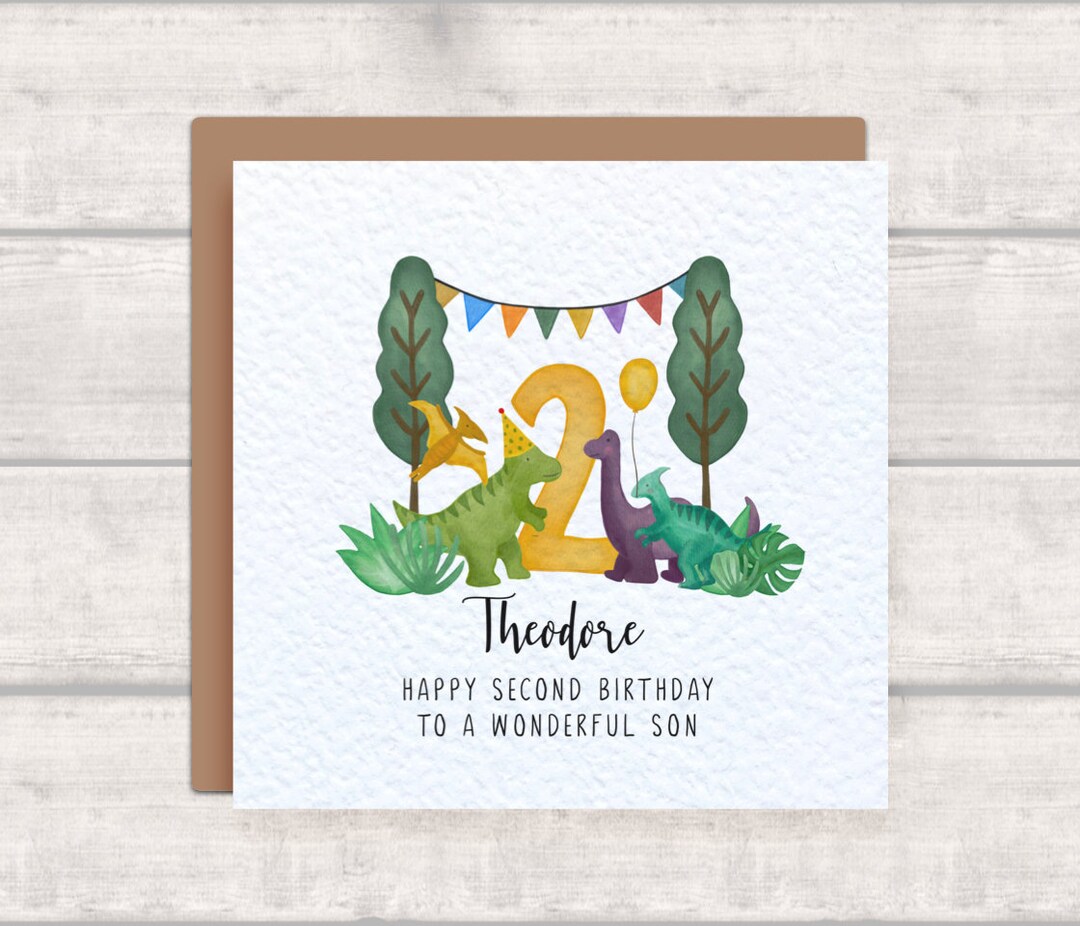 Personalised SON 2nd Birthday Dinosaur Card - Happy Second Birthday ...