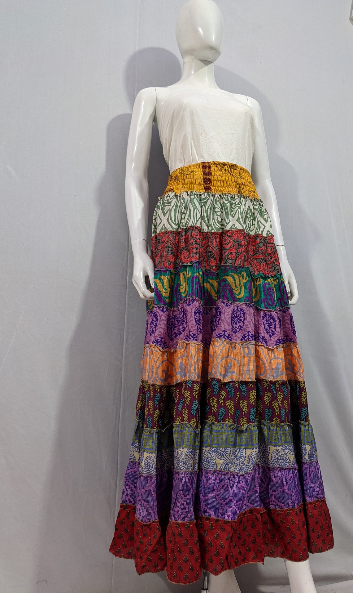 Free Size Patchwork Skirt Multi-layer Skirt Elastic Long Skirt | Etsy