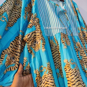 Sky Blue Stripes Tiger Midi Dress, Mini Dress, Long Block Print Dress ...