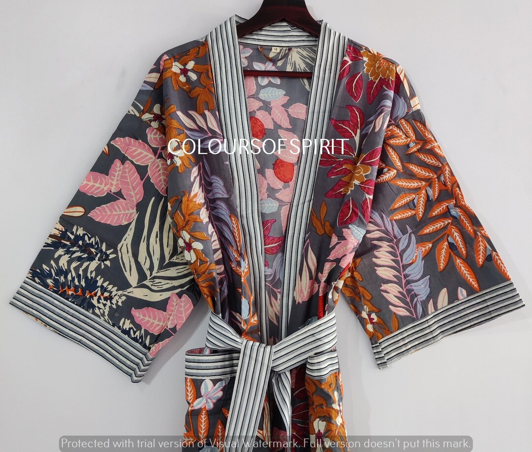 Handmade Cotton Kimono Robe, Floral Print Dressing Gown, Vintage Style ...