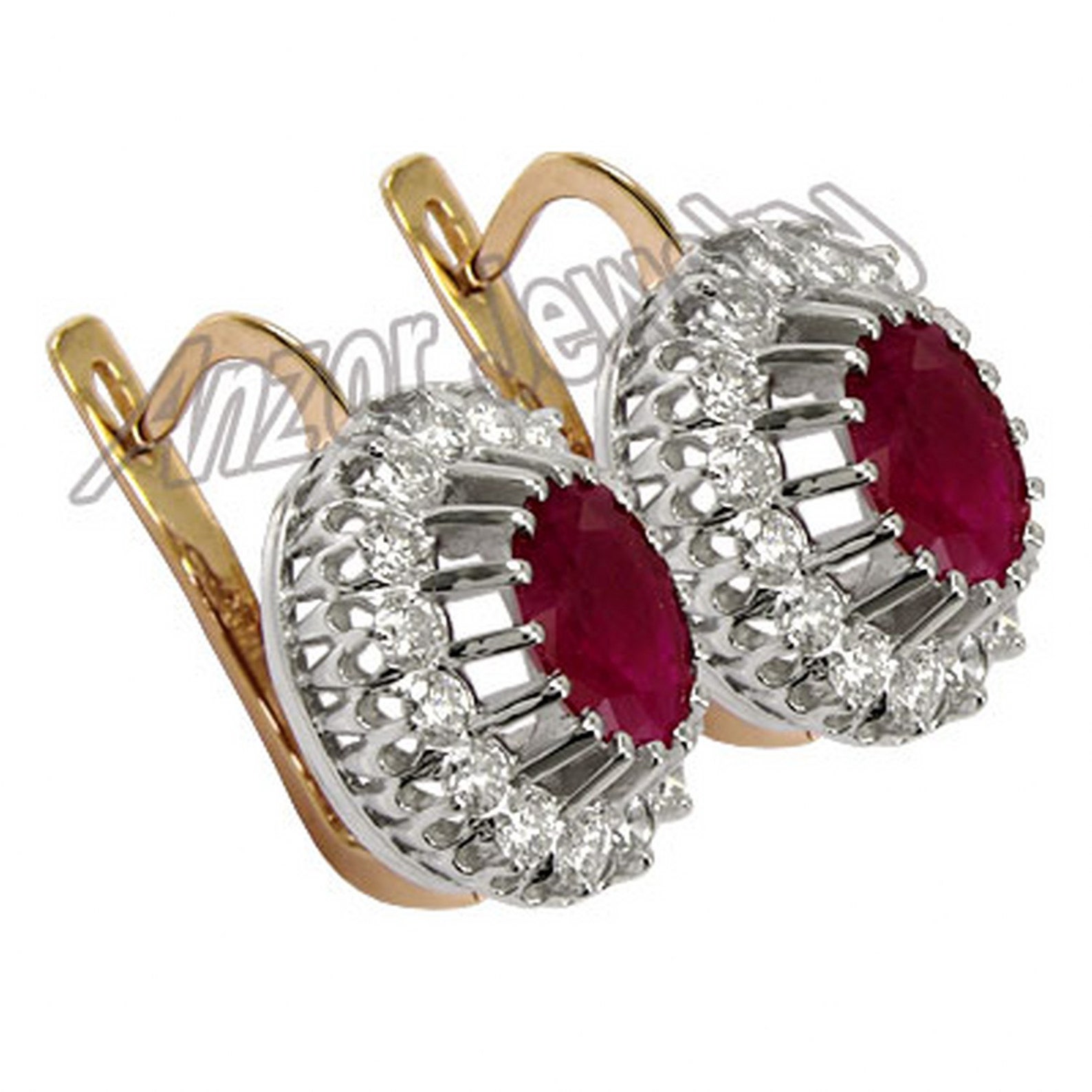 Russian Style Genuine Ruby & Diamond Earrings 14k Solid Two-tone Gold ...