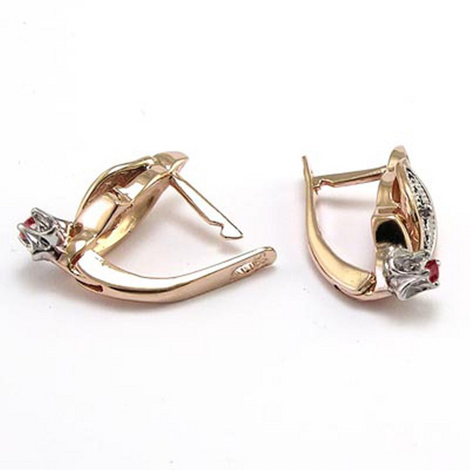 Russian Vintage Style 14k Solid Rose & White Gold Ruby Earrings E1251 ...