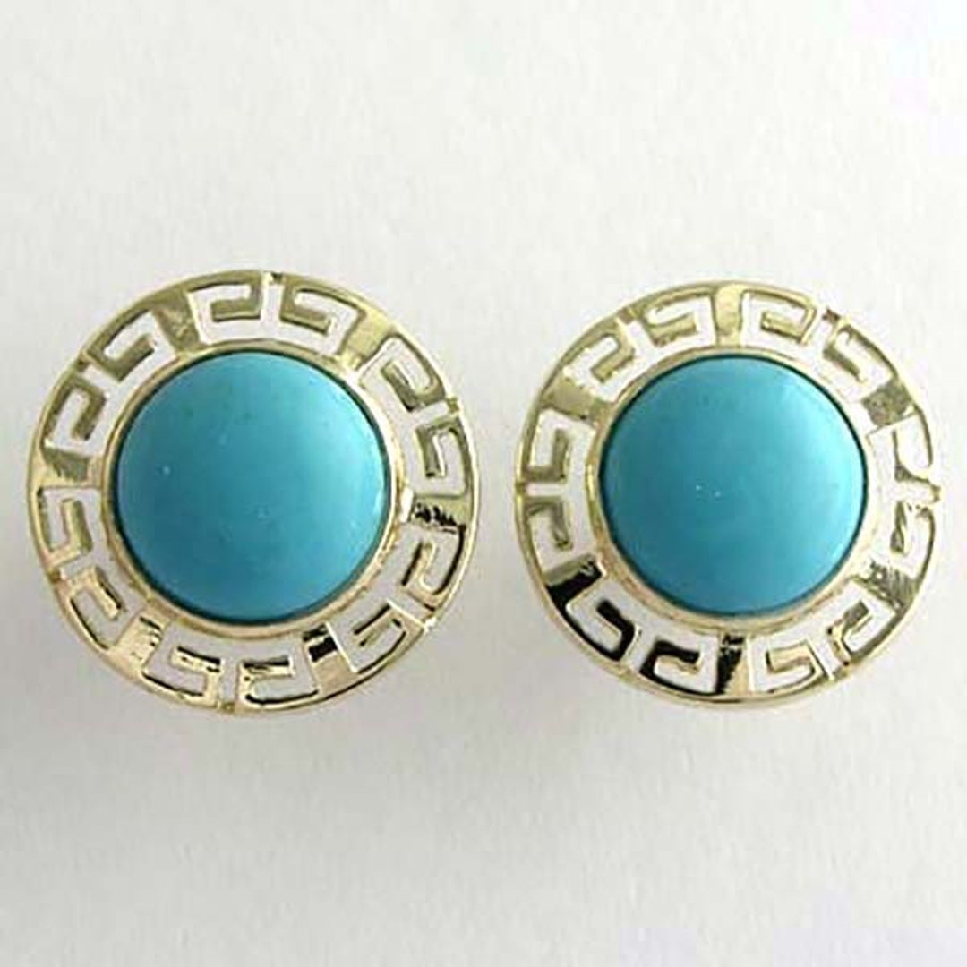 14k Gold Round Turquoise Greek Key Earrings 8mm E507 - Etsy