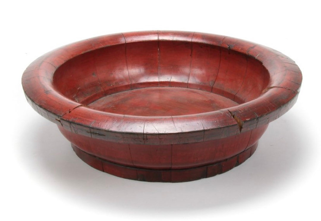 Large Wooden Bowl, Antique Chinese Red Lacquerware Rice Preparation ...