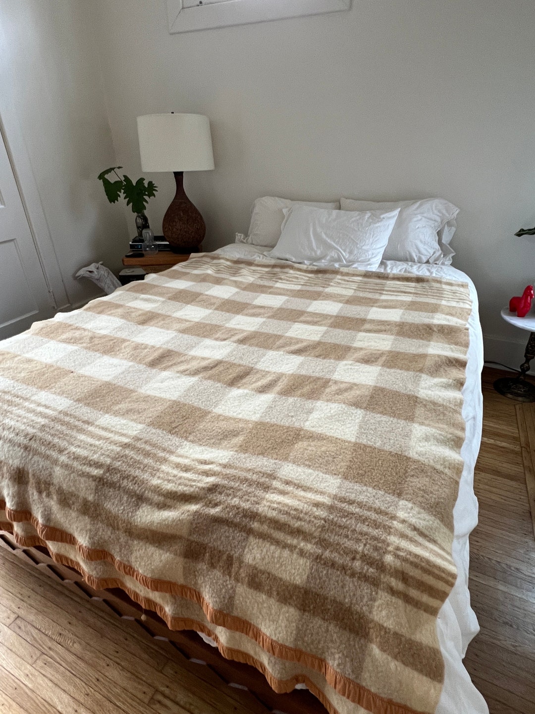 Long Vintage Wool Blanket in Tan and Cream Check With Stripe Detail - Etsy