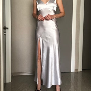 Light Silver Silk Satin Maxi Length Slip Dress With a Long Side Slit ...
