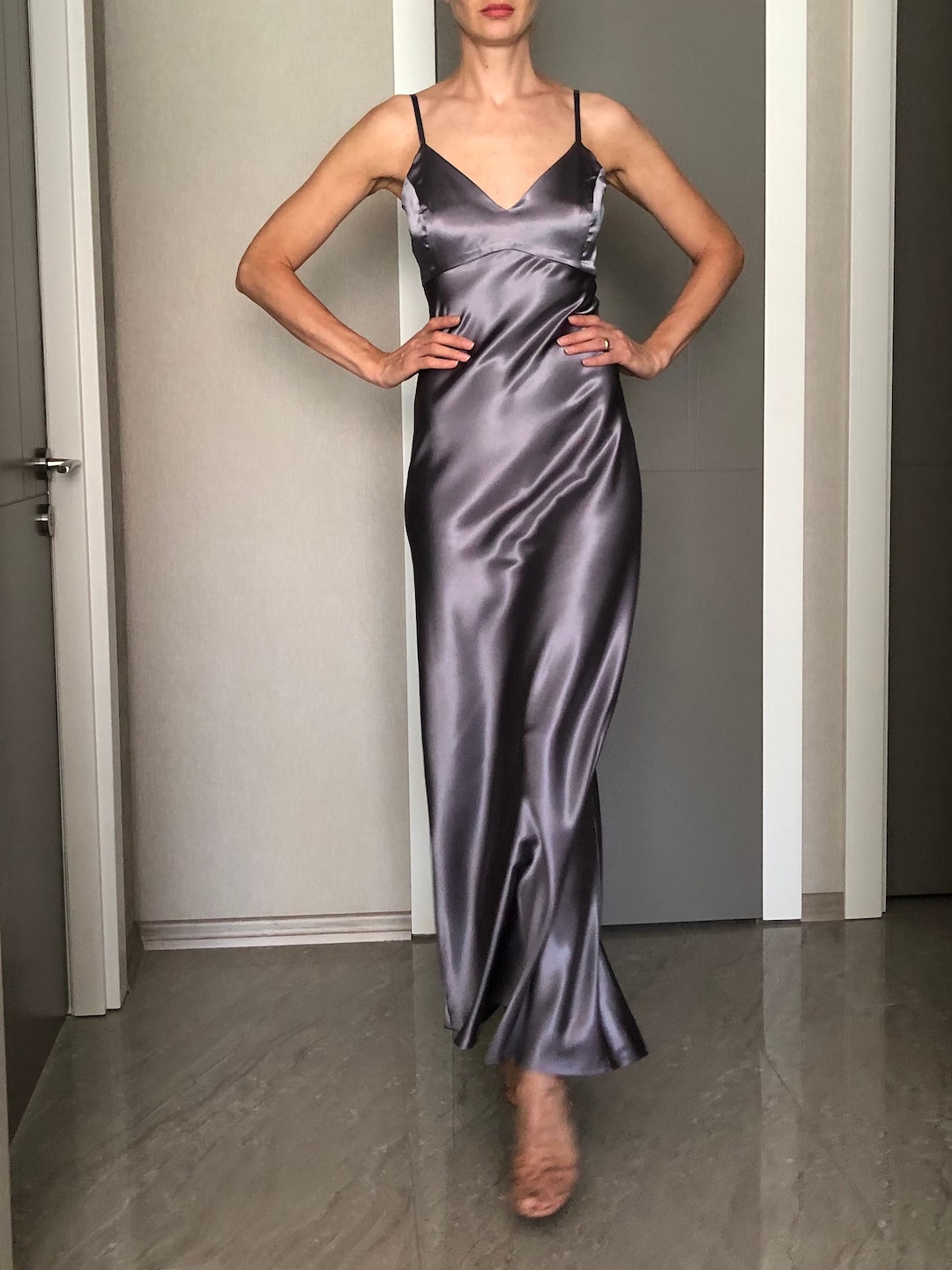 Dark Gray Maxi Silk Satin Dress,graphite Extra Full Length Slip Dress ...