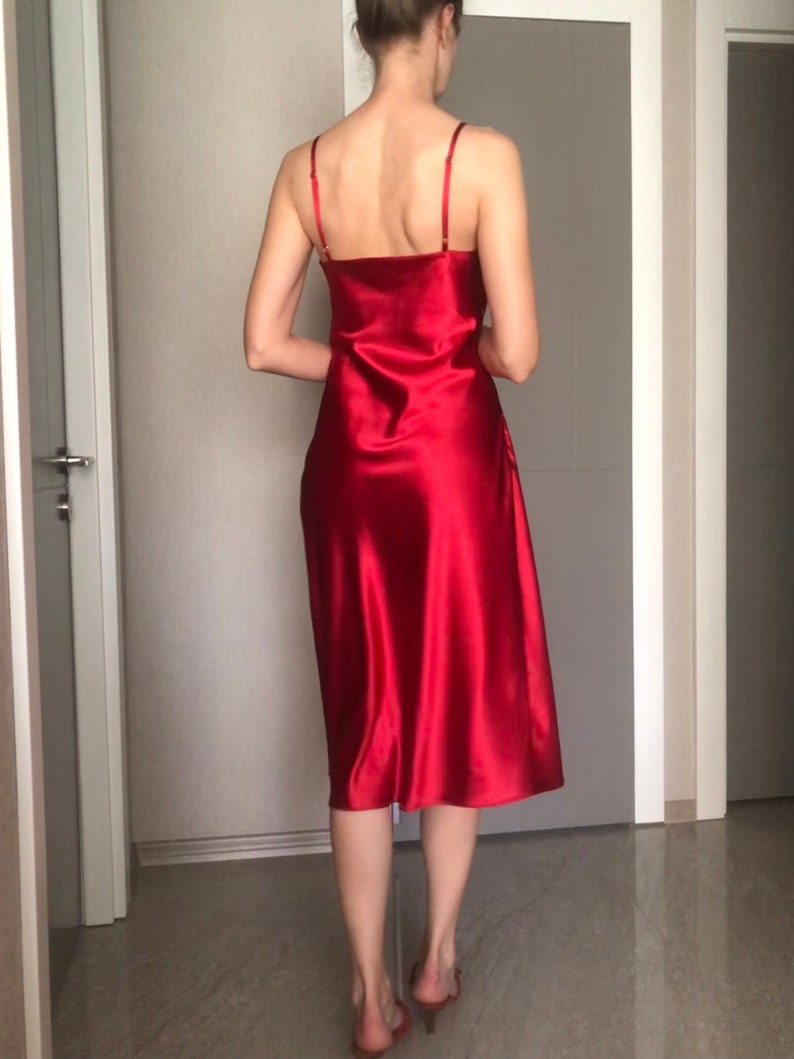 Red Silk Satin Midi Length Slip Dress With a Long Side - Etsy