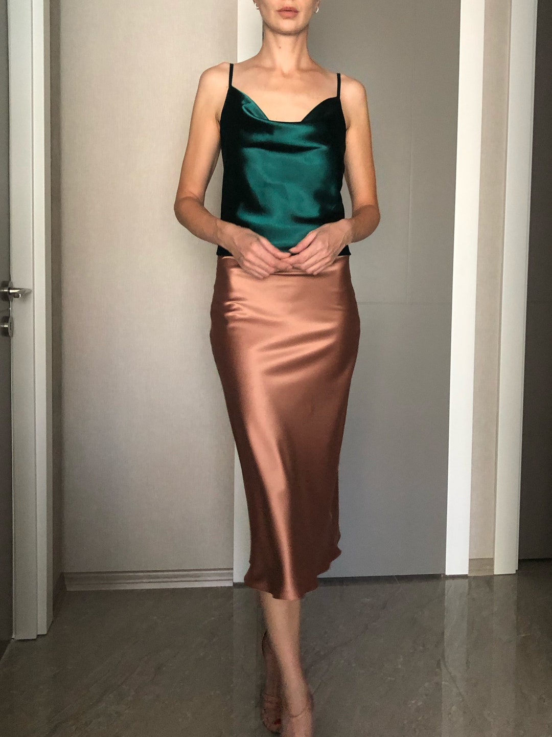 Forest Green Cowl Neck Silk Satin Top Open Back Emerald Green