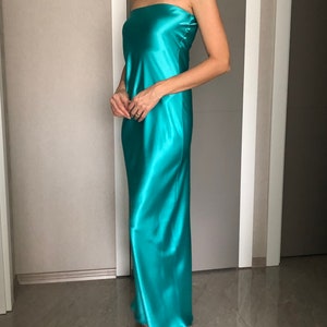 Strapless Turquoise Silk Satin Maxi Length Slip Dress,tube Top Dress ...