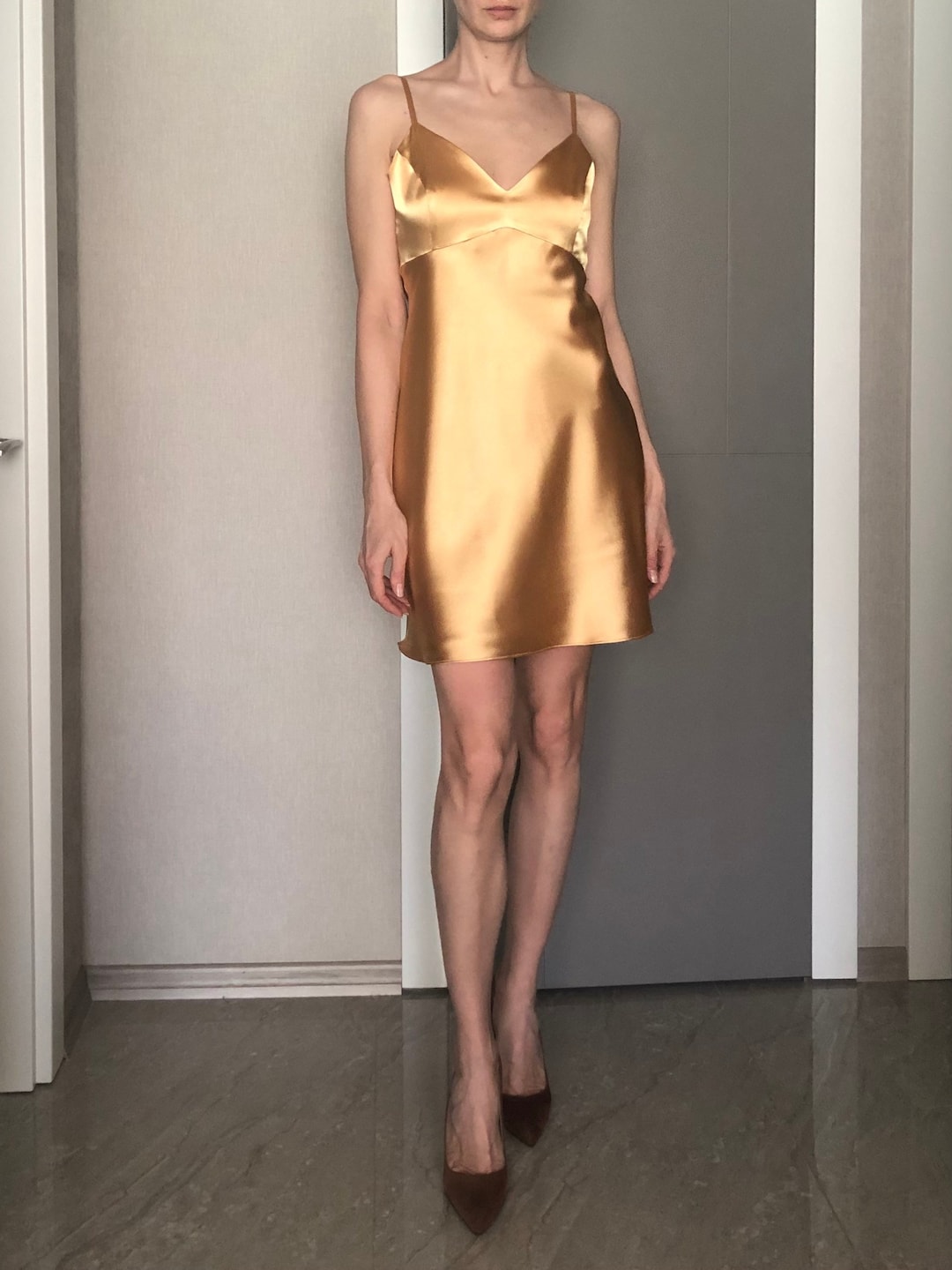 Gold Silk Satin Mini Dress,adjustable Spaghetti Straps,silky Deep V ...