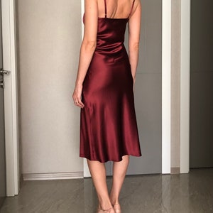 Red Wine Silk Satin Midi Length Slip Dress With a Long Side Slit ...
