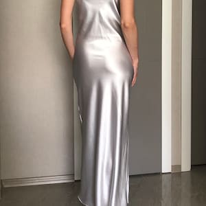 Light Silver Silk Satin Maxi Length Slip Dress With a Long Side Slit ...
