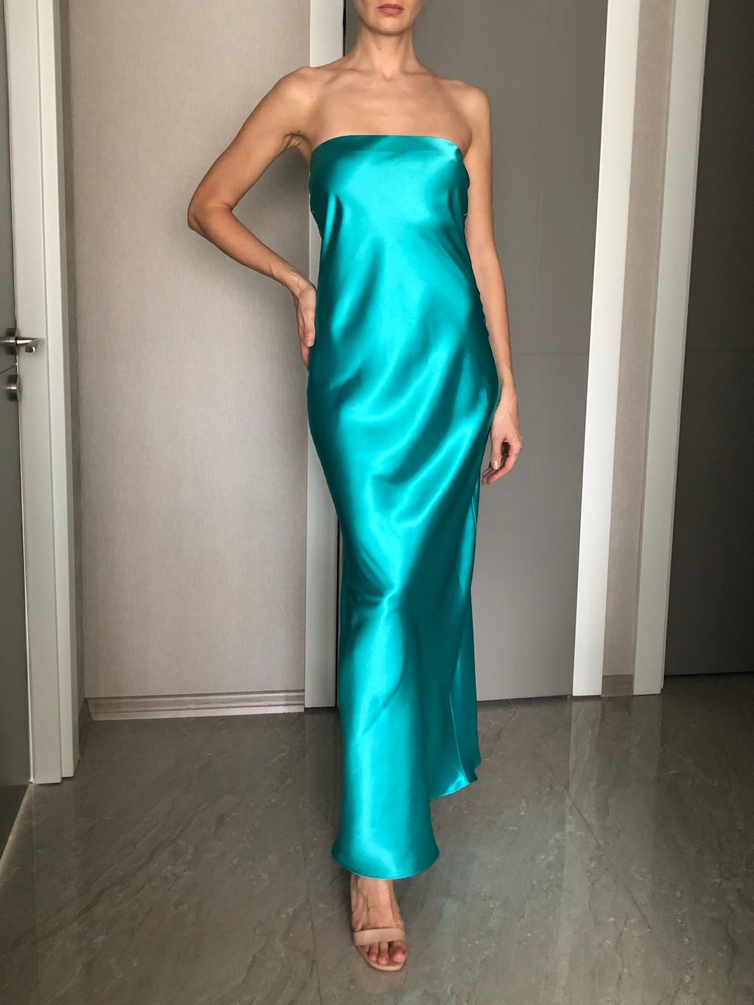 Strapless Turquoise Silk Satin Maxi Length Slip Dress,tube Top Dress ...