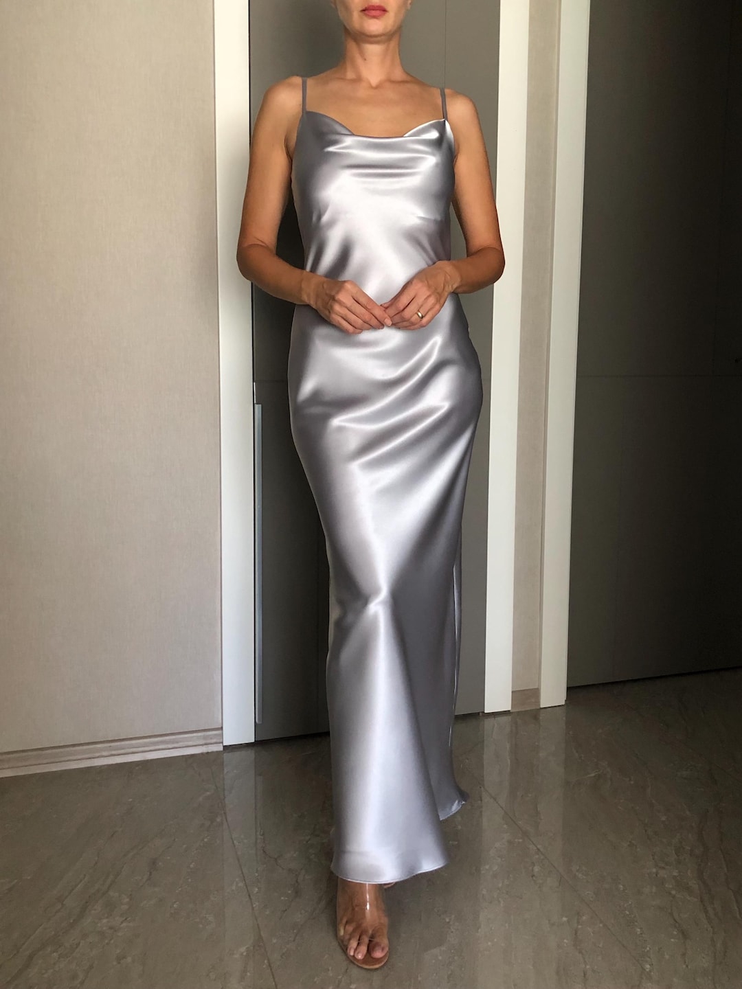 Silver Cowl Neck Silk Satin Maxi Length Slip Dress,adjustable Spaghetti ...