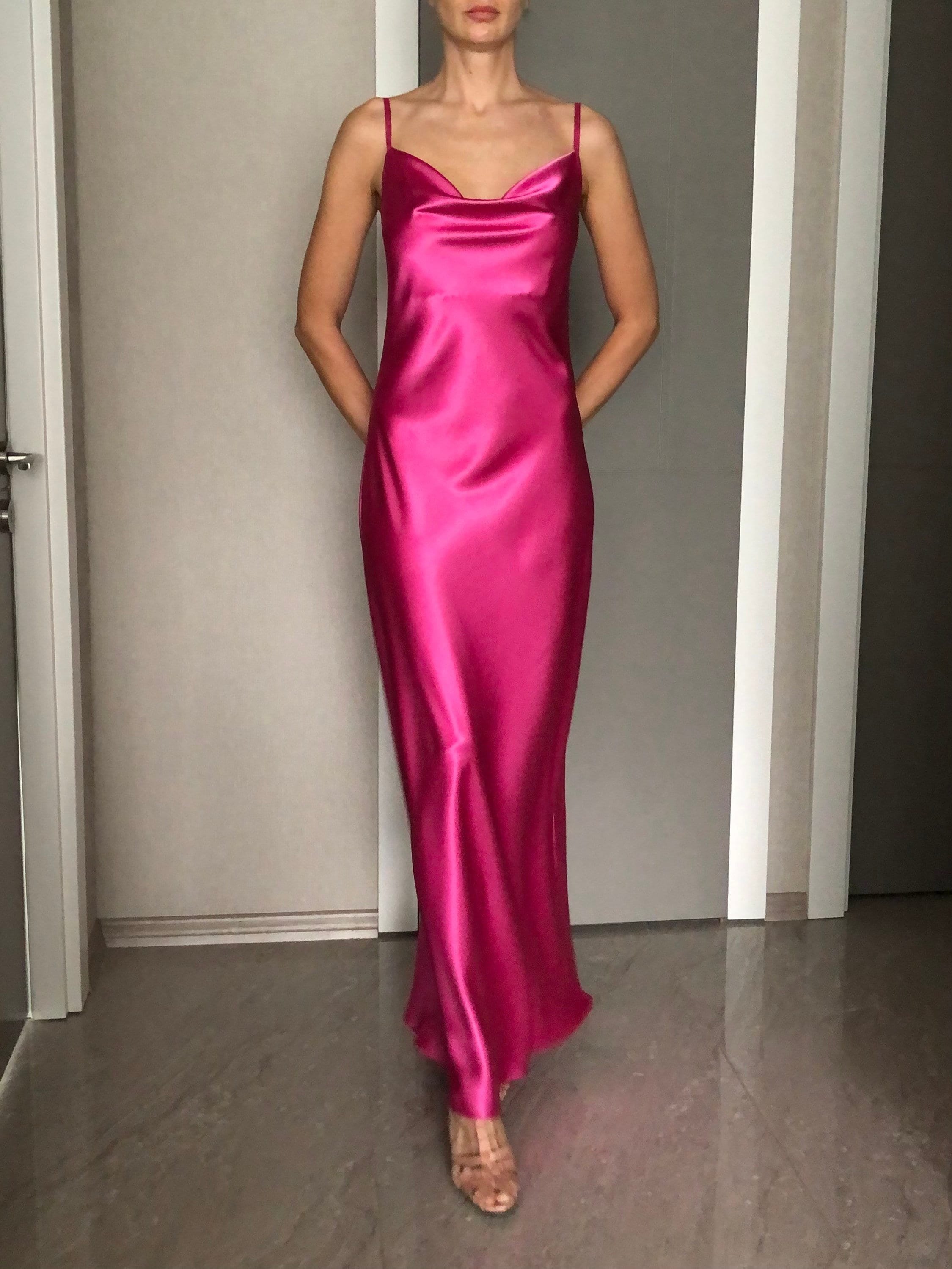 Hot Pink Cowl Neck Silk Satin Maxi Length Slip Dress,fuchsia Adjustable ...