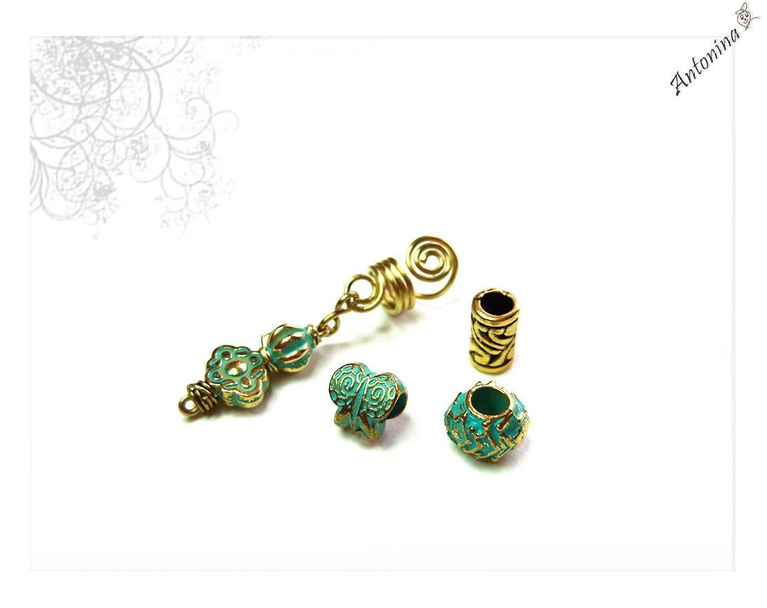 Set of 4 Dread Jewelry Turquoise Gold Spirals Metal Dreadbeads Bronze ...