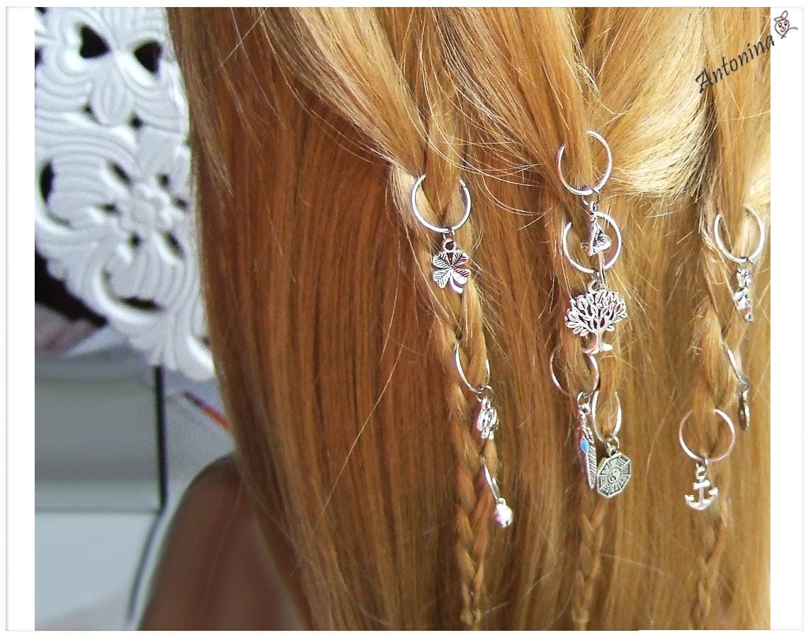 5 Hair Rings of Your Choice Charms Silver Tree Feather Bell Leaf Gold ...
