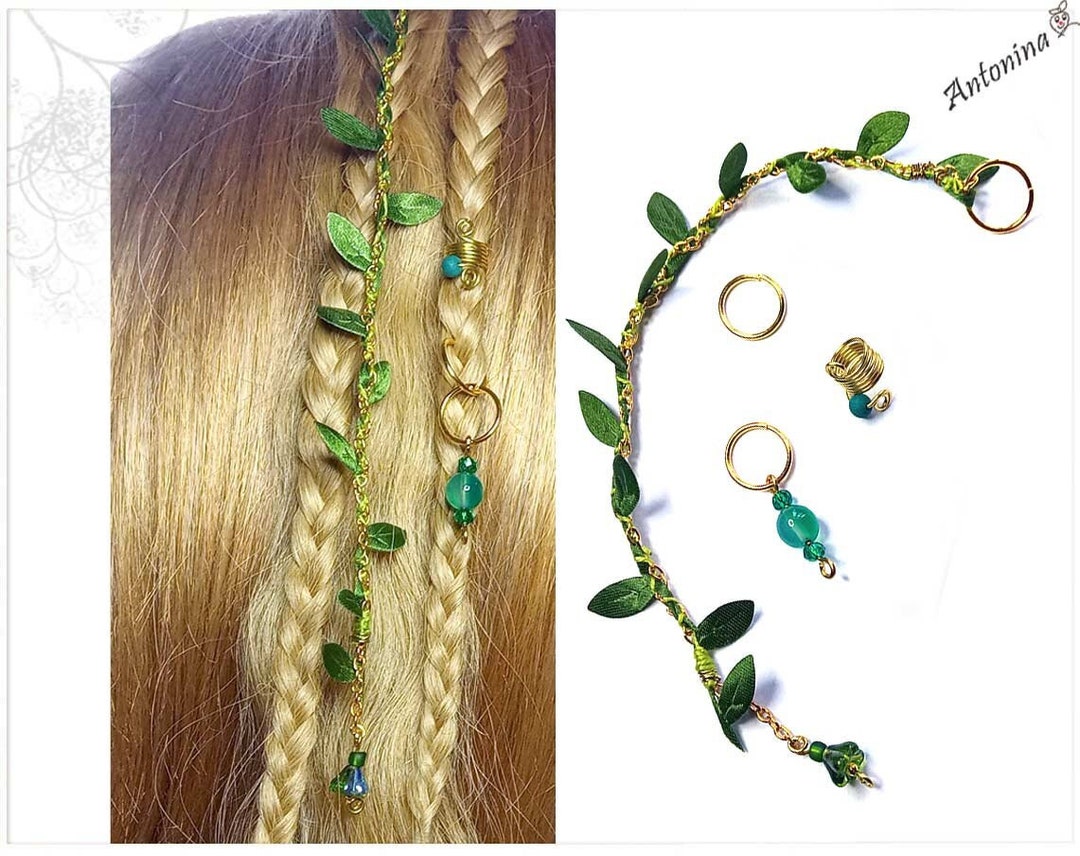 Set Forest Elf Hair Accessories Hair Rings Hair Chain Leaves Green Gold ...