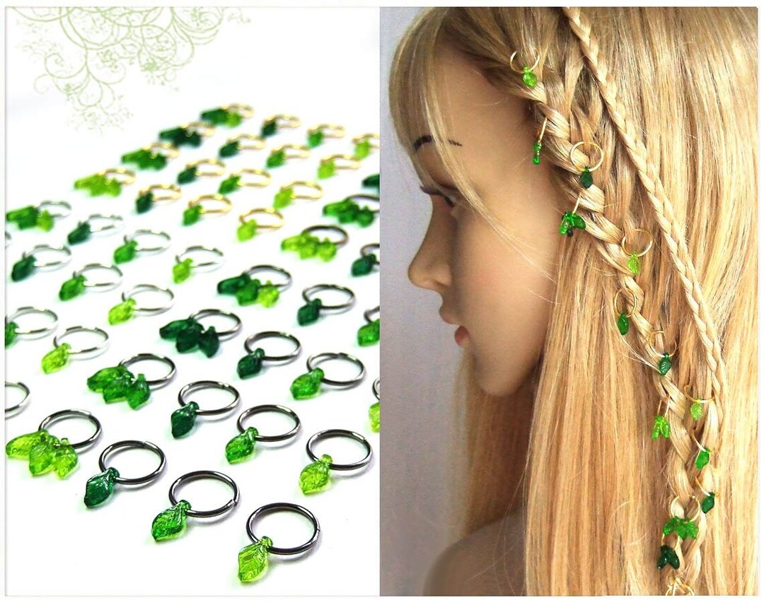 16 Hair Rings Green Leaves Red Gold Bronze Silver Black Gun Charms ...