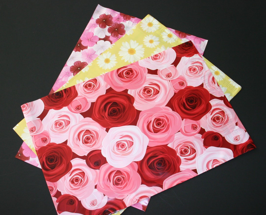 30 Assorted Designer Poly Mailers 10x13 Pink Red Hibiscus Roses Yellow ...