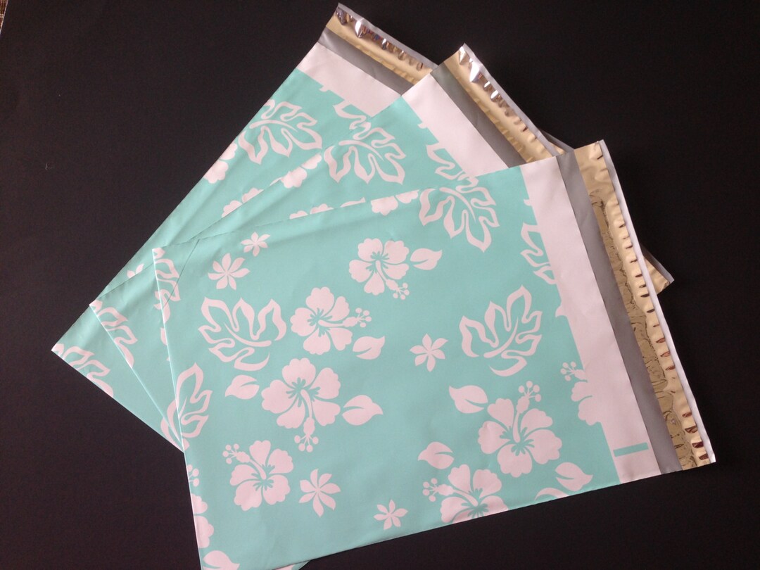 50 Designer Poly Mailers 10x13 White Turqouise Hawaiian Hibiscus ...