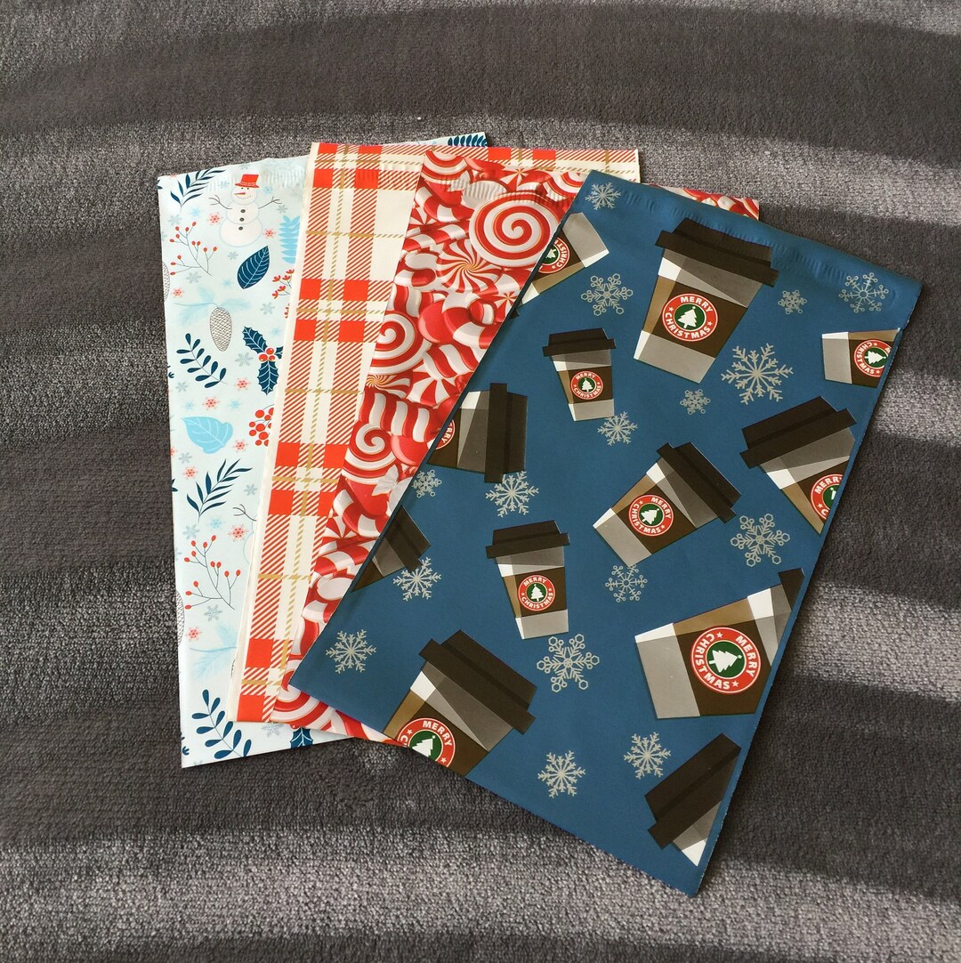 50 Assorted 6x9 Christmas Poly Mailers Plaid Cups Candy Cane Snowman ...