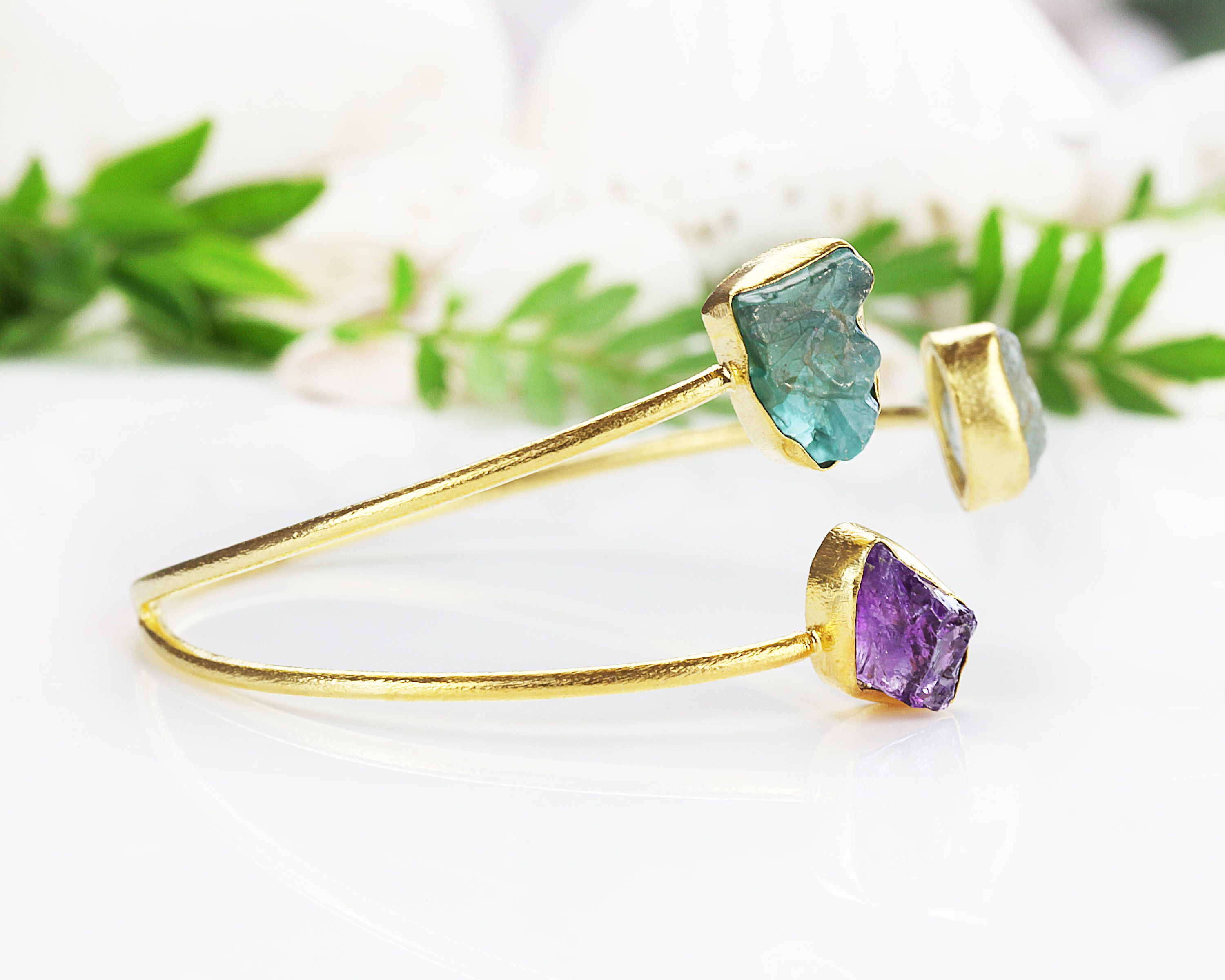 Raw Aquamarine Sky Apatite and Amethyst Gold Plated Bracelet - Etsy UK