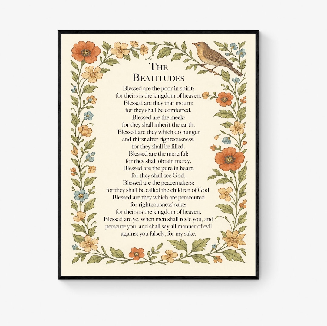 Beatitudes Wall Art Print | Vintage Floral Birds | Christian Bible ...