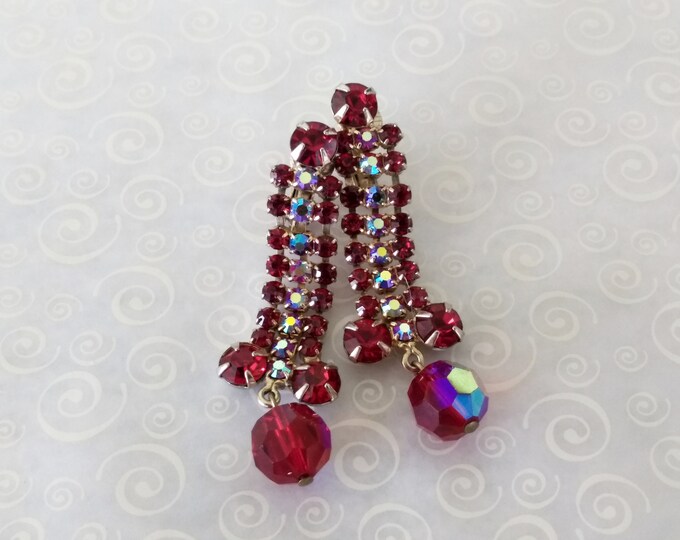 Long Red Dangle Earrings, AB Aurora Borealis Rhinestones, Gold Tone - Etsy