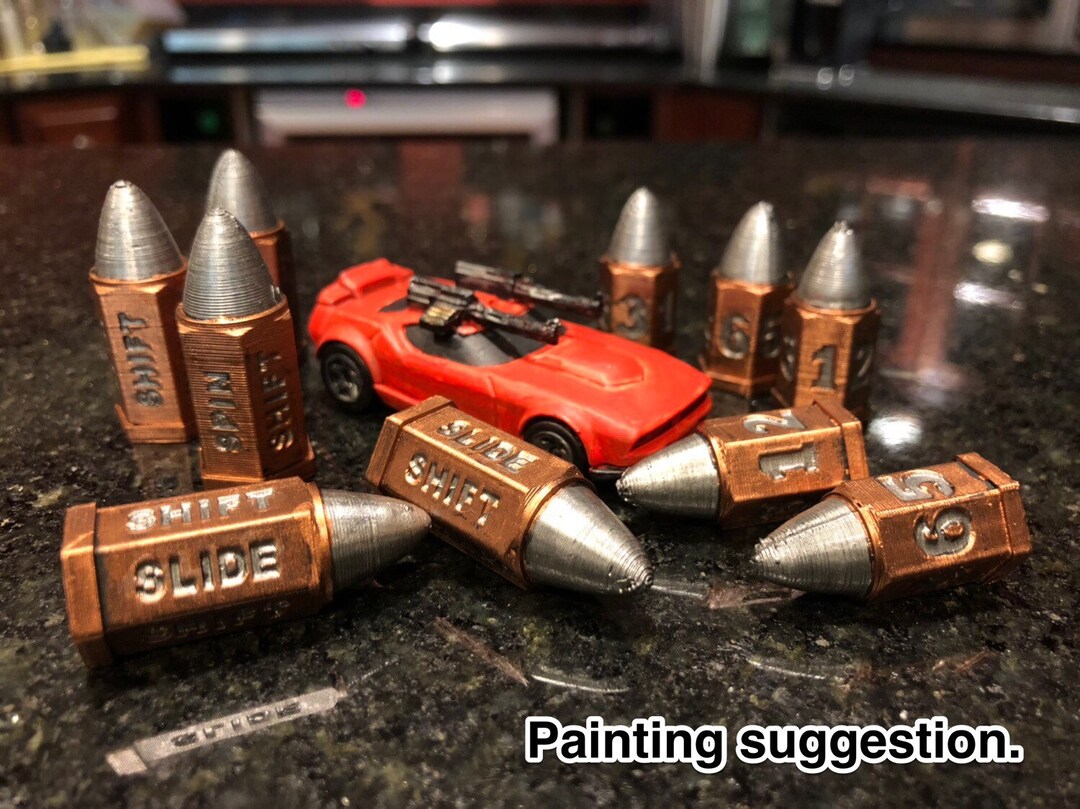 Bullet Dice - D6 and Gaslands Skid Dice (shaped Like a Pistol Round ...