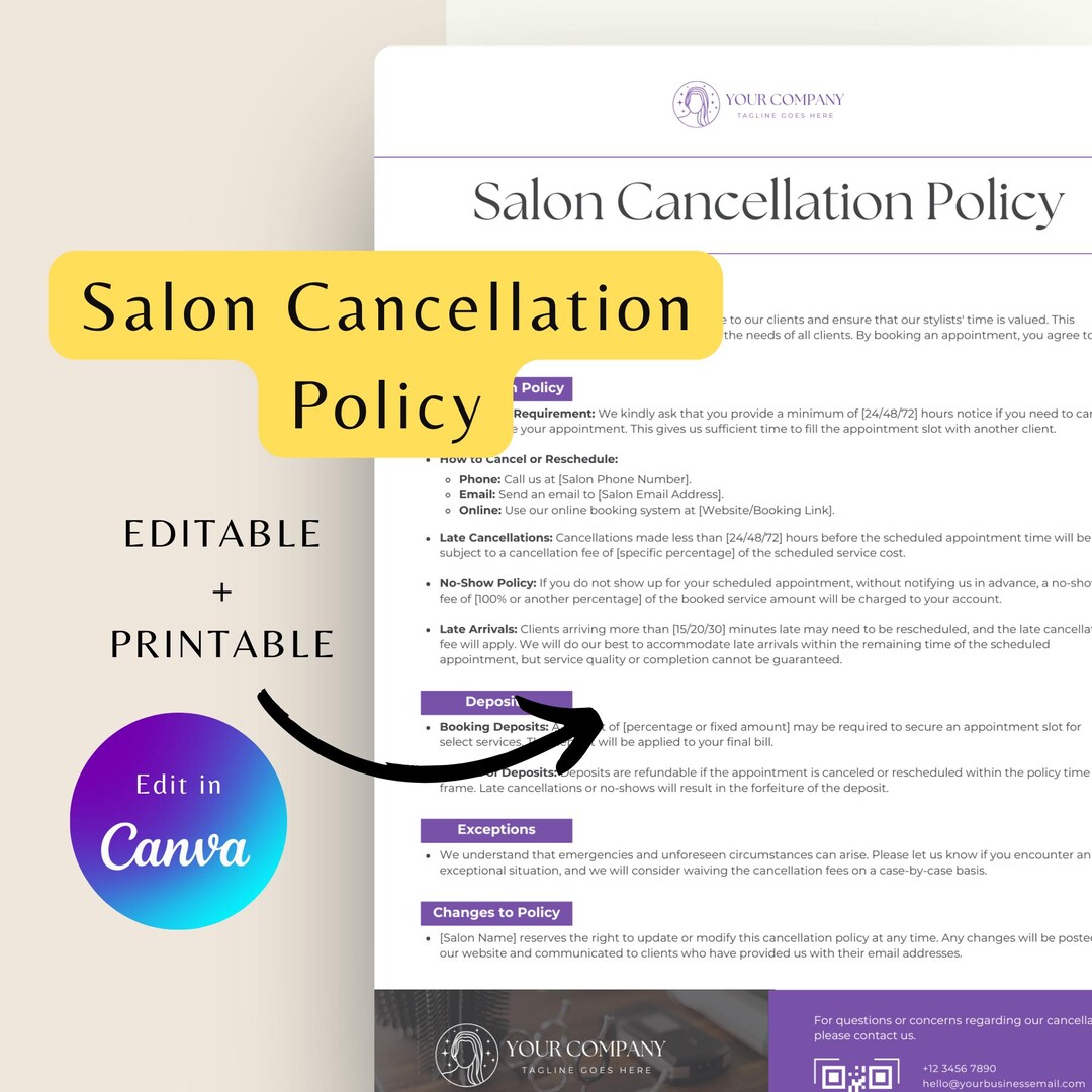 Editable Salon Cancellation Policy Form, Printable Esthetician ...