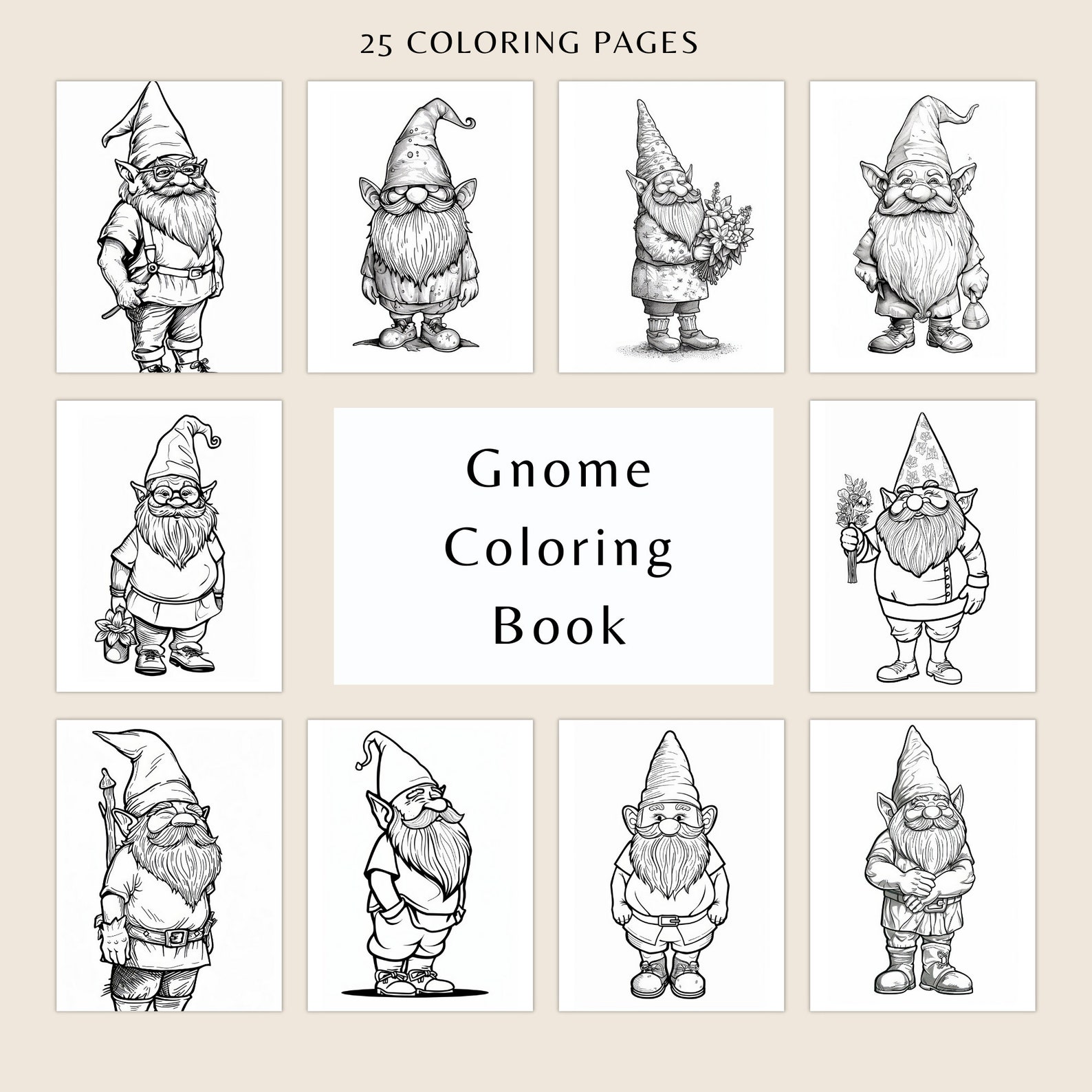 Gnomes Coloring Book, Garden Gnome Coloring Pages, Adult Coloring Book ...
