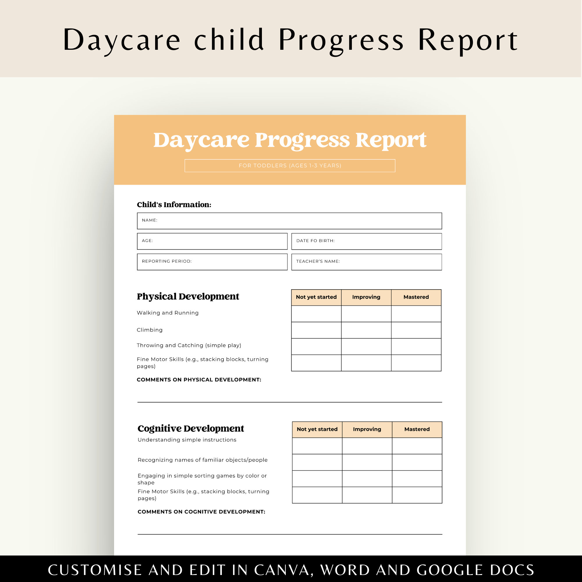 Daycare Child Progress Report Template, Fillable Form for Daycare ...