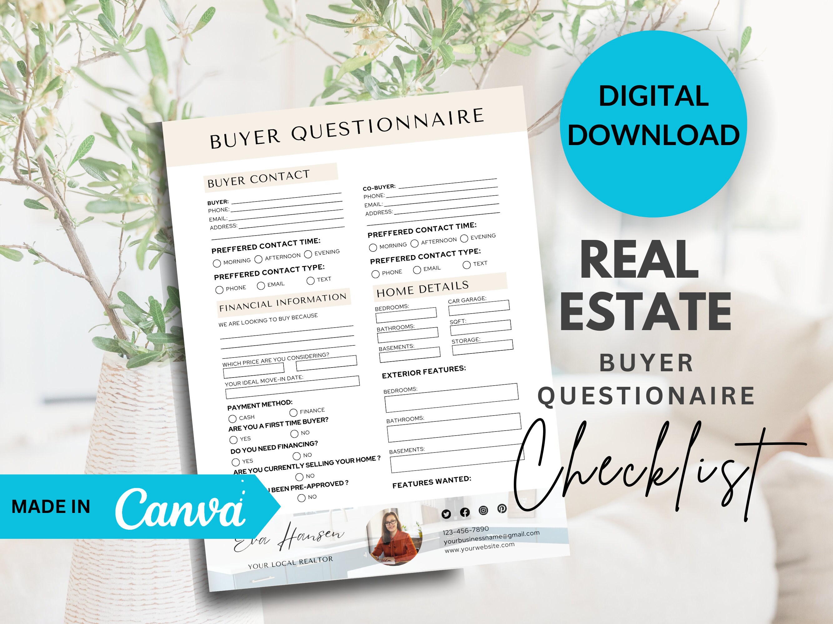 Home Buyer Questionnaire Checklist Buyer Intake Form Real Estate Client ...
